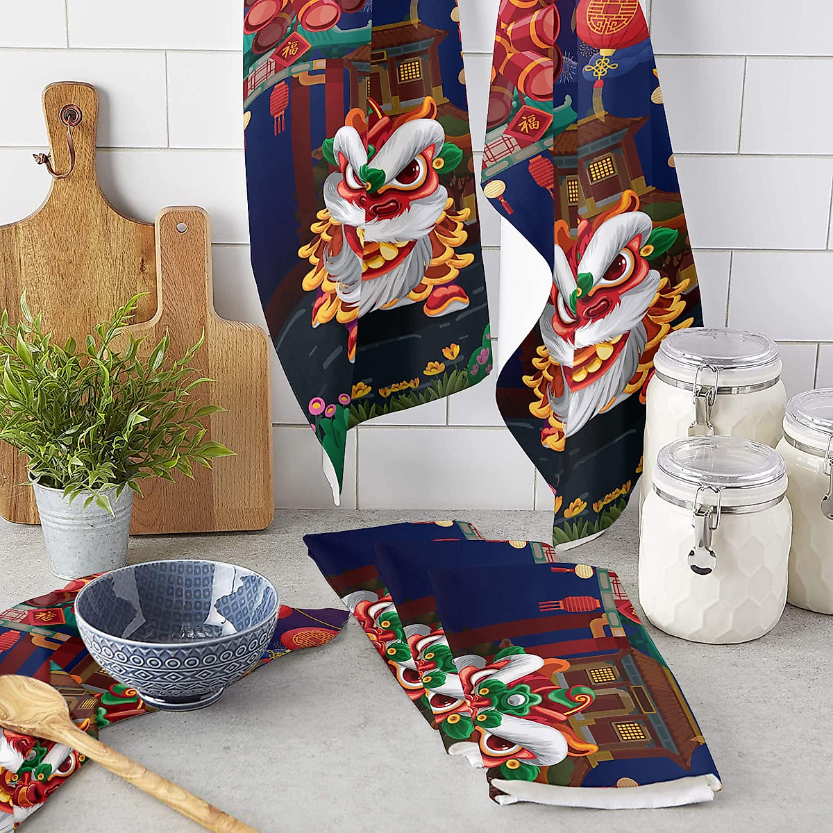 Hokiten Kitchen Towel Set, Lion Dance Fast Drying Microfiber Kitchen Towels Dish Cloths, Tea Towels/Bar Towels/Hand Towels Chinese New Year Picture Tradition Art (Set of 4, 18x28 Inch)