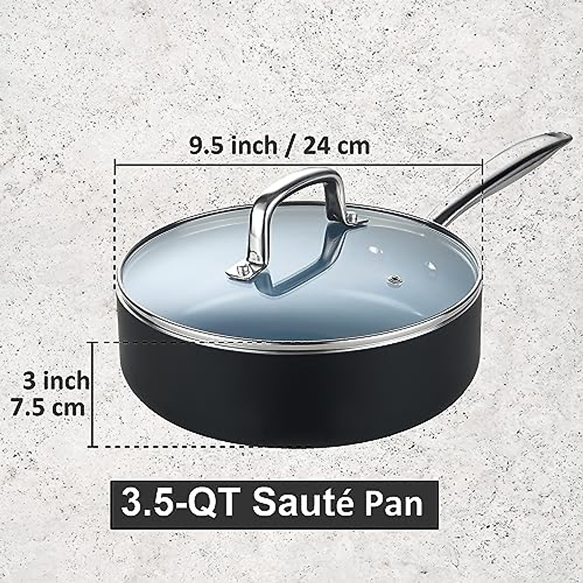Cook N Home 02690 Ceramic Nonstick Coating Deep Saute Fry Pan with Lid 3.5-Qt, Grey