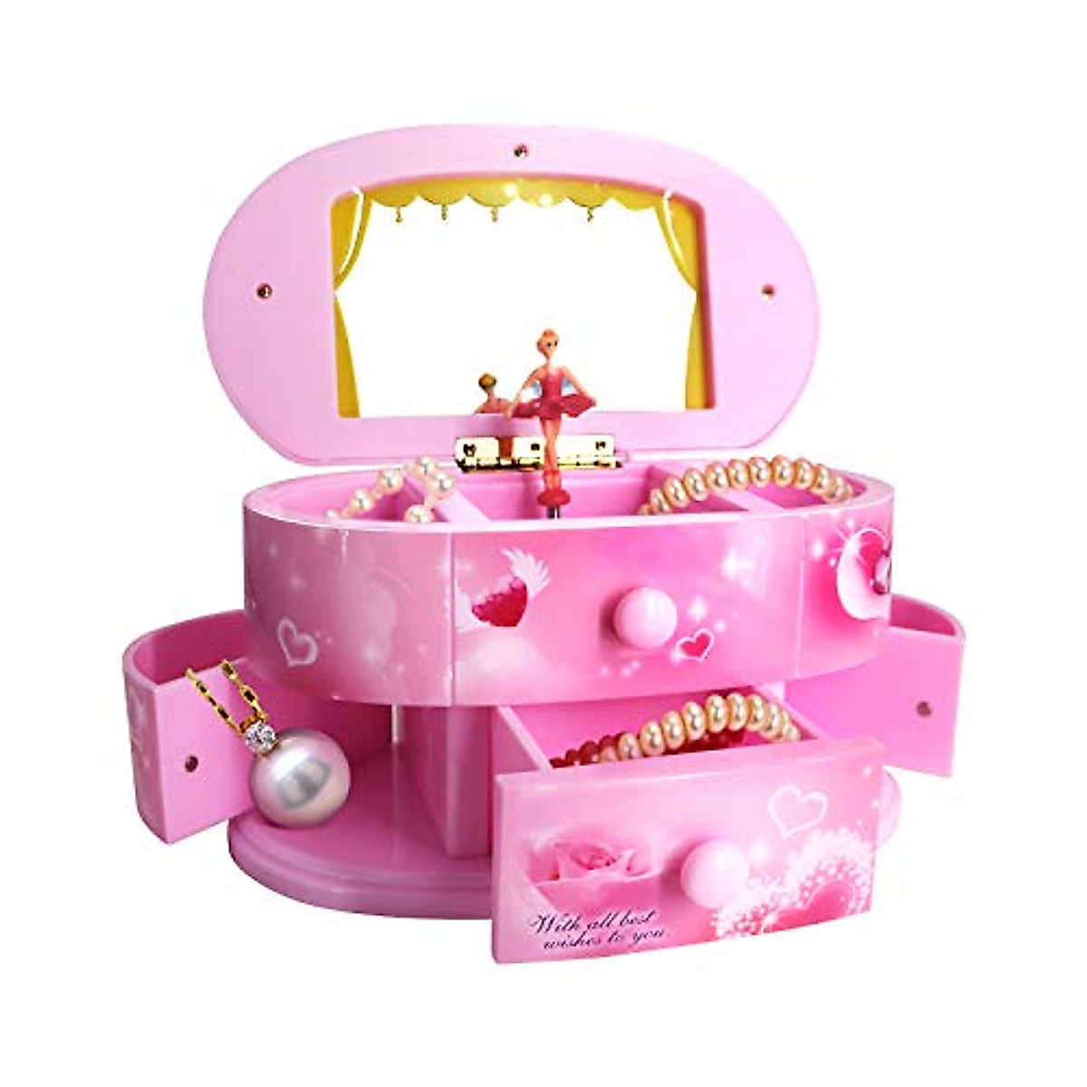 Qulable Musical Jewelry Box,Girl's Musical Jewelry Storage Box with Drawer and Dancing Ballerina Makeup Mirror Music Box Jewelry Storage Music Box for Kids Children (Pink)