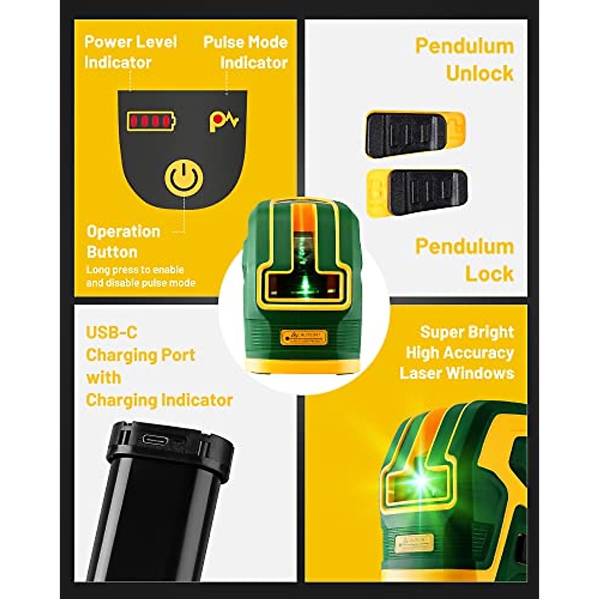 APEXFORGE X3 131ft Green Laser Level, Cross Line Laser with 2 Plumb Dots, 4500mAh Rechargeable Battery with Type-C Charging Port, Self-Leveling & Manual & Pulse Mode