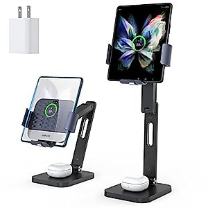 ANPULES Wireless Charger Stand for Z Fold 4/3/2, Aluminium Alloy Charging Station [3 Coils] 2 in 1 Charger Station for Samsung Galaxy Buds 2 Pro/Pro / 2 / Live and Z Fold Series（Include 20W Adapter）