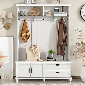 Bellemave Modern Wide Hall Tree with Bench, Shoe Storage, and 2 Large Drawers, White