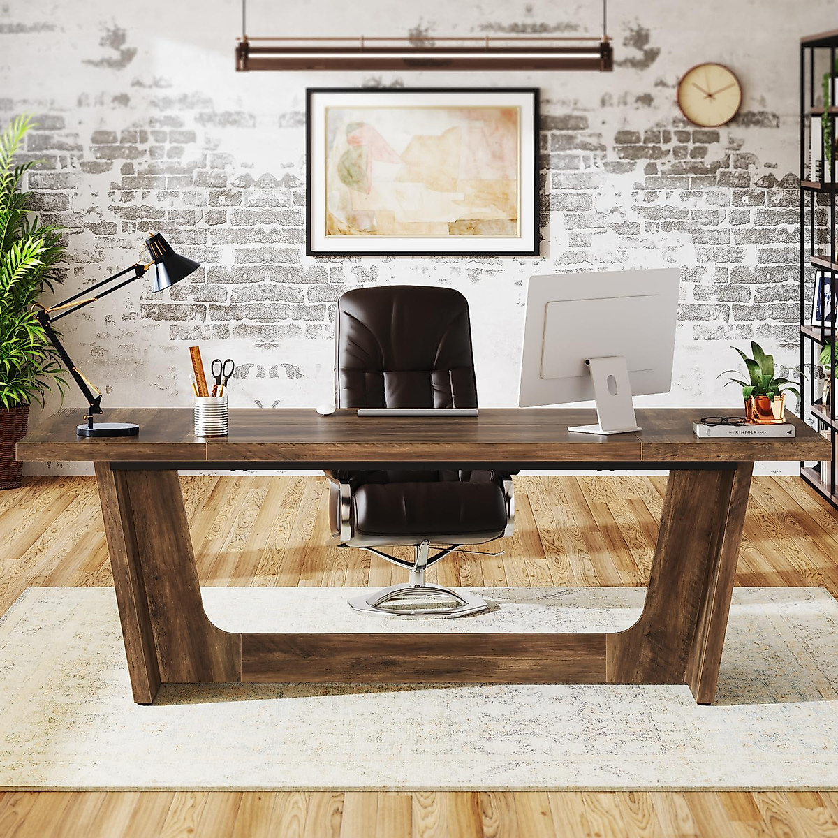 Tribesigns 70.87-Inch Executive Computer Desk: Large Home Office Desk with Solid Wooden Pedestal, Industrial Wood Study Writing Table, Workstation Business Furniture, Brown