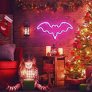 QiaoFei LED Neon Bat Sign Shaped Decor Light,Bat Night Light Wall Decor for Christmas,Birthday Party,Kids Room, Living Room, Wedding Party Decor(Pink)