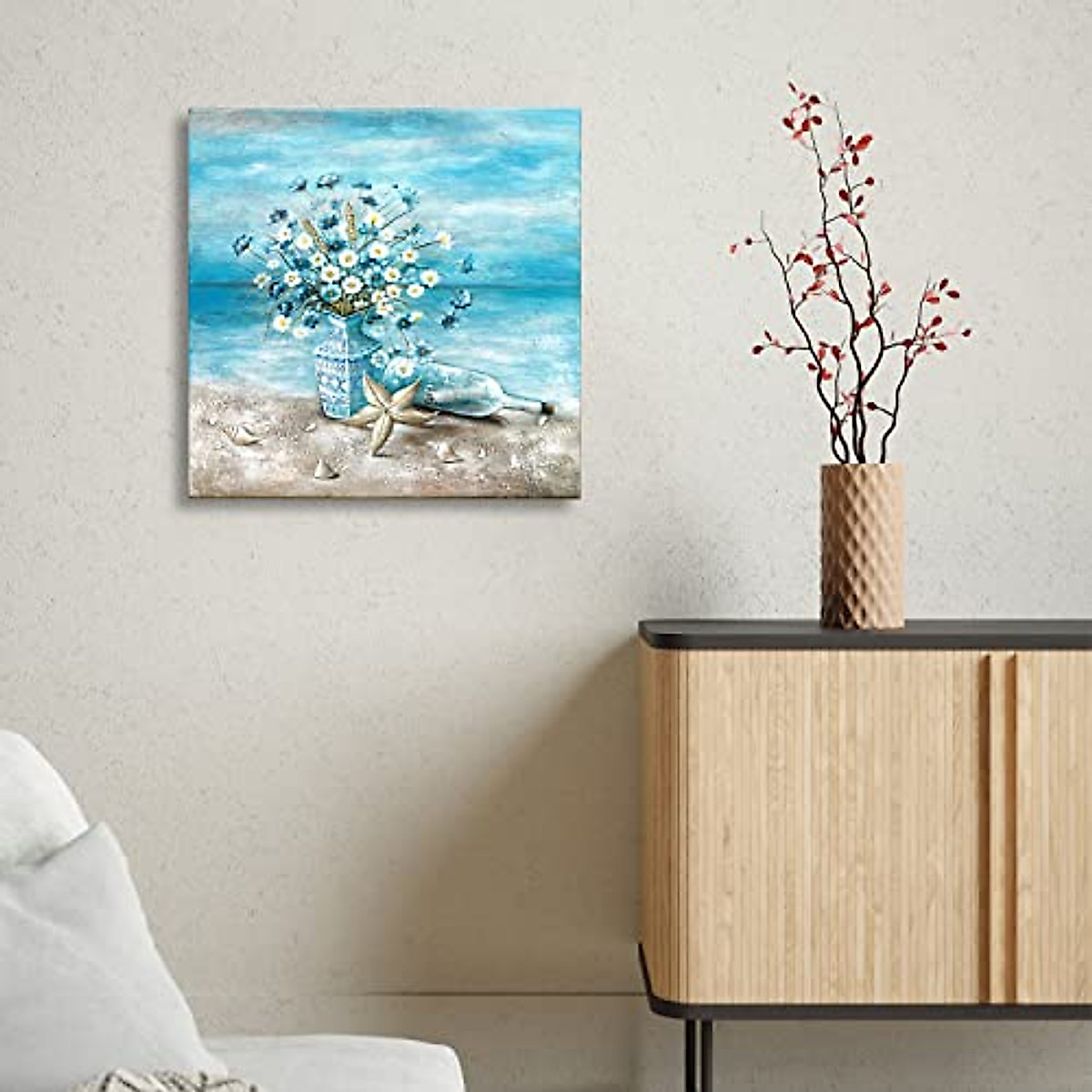 Muro Artes Bathroom Canvas Wall Art, 14x14Inch Blue Flower Canvas Wall Art for Bathroom, Ready to Hang Ocean Beach Floral Painting Canvas Art Wall Decor