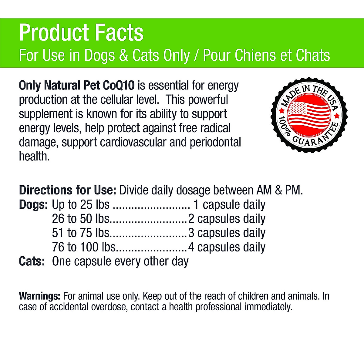 Only Natural Pet CoQ10 for Dogs & Cats, Heart and Cardiovascular Health Support, Coenzyme Q10 Ubiquinone - 90 Capsules