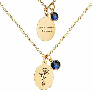 Birth Flower Necklaces for Women Trendy, 18K Gold Plated Dainty Birthstone Pendant Necklace Handmade Oval Coin Birthday Gifts for Women Girls Teens Birth Month Flower Jewelry