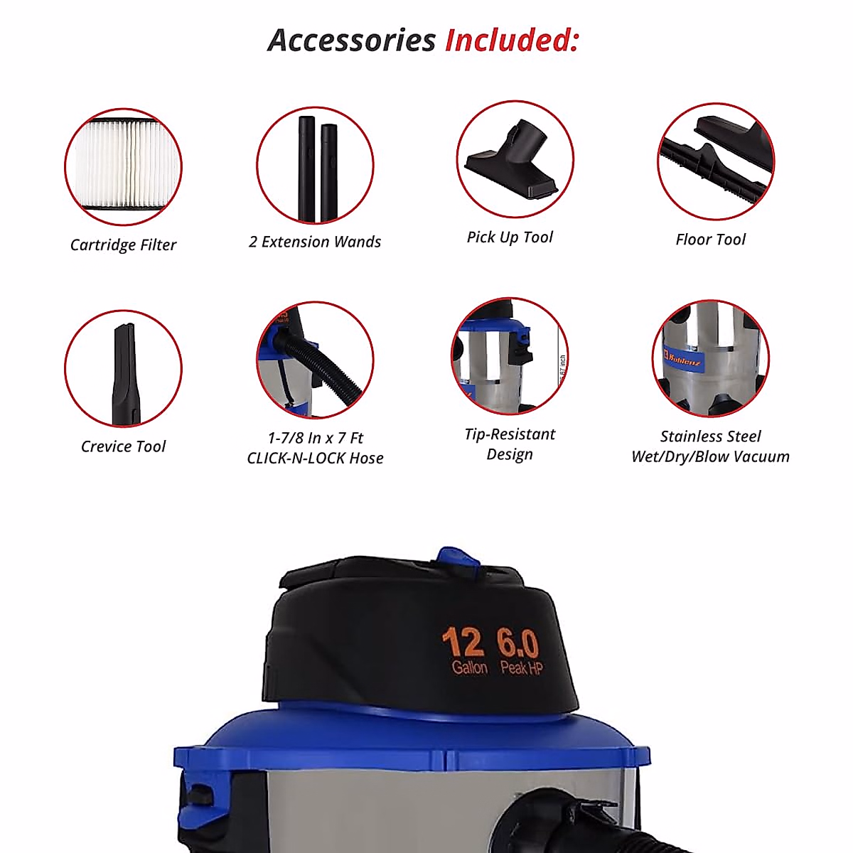 Koblenz WD-12 L314 SS Wet-Dry Vacuum, 12 Gallon Stainless 6.0HP, 1 7/8 x 7 Ft EVA Hose, Stainless+Blue 5 Year Warranty