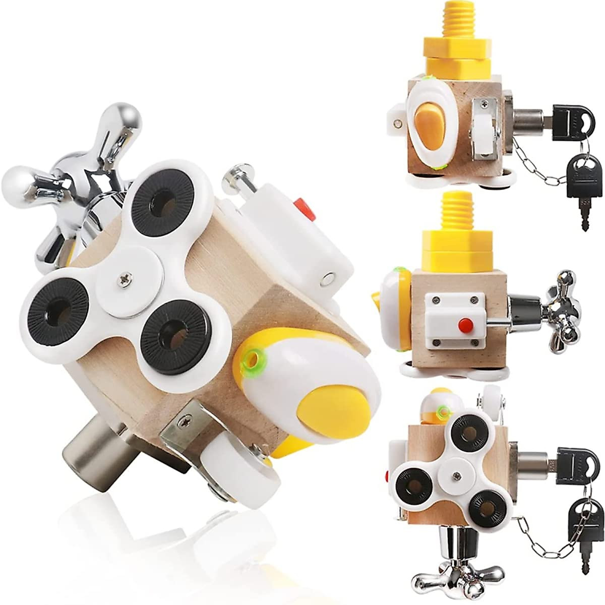 KEBEGE Busy Cube for Kids,Busy Board for Toddlers Fidget Toy Cube Wooden Sensory Board, Montessori Busy Board for Toddlers, Switch Function Early Learning, Learning Toy for Airplane or Car Travel