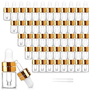 Comrzor 50 Pack 2ml Clear Glass Dropper Bottles with 2 Pcs Plastic Droppers, Mini Sample Dropper Bottles for Essential Oils Perfume Cosmetic Liquid, Empty Travel Sample Vials with Gold Cap