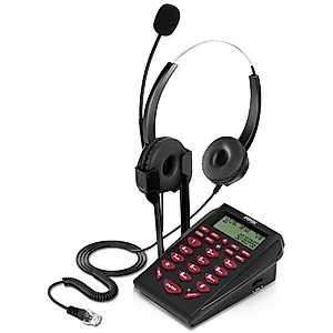 AGPtEK Upgraded Call Center Phone, Corded Telephone with Binaural Headset & Dialpad for House Call Center Office - Noise Cancellation