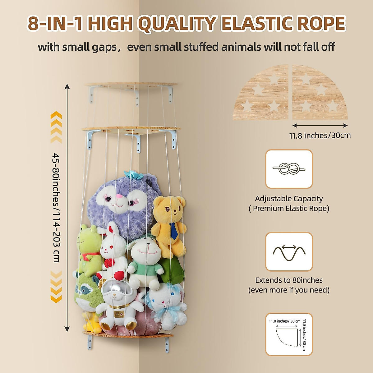 Stalishare Kids Stuffed Animal Storage, Wood Floating Corner Wall Mounted Shelves for Kids Room, Adjustable Length Corner Wall Shelf Toy Organizer Kids Furniture for Bedroom