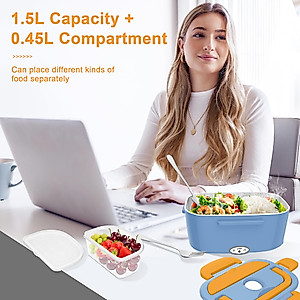 HOLDRUBY 75W Electric Lunch Box food heated 3 In 1 Portable Food Warmer Heater for Car/Truck/Home Heating Lunch Box with 1.5L 304 SS Container, Fork Spoon & Bag (Light Blue+Yellow)