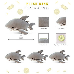 DolliBu Gray Shark Plush Huggie Bank - Super Soft Stuffed Animal Money Bank Savings Storage for Little Kids, Cute & Fluffy Fun Coin Bank Toy, Wildlife Plush Piggy Bank for Girls & Boys - 9 Inch