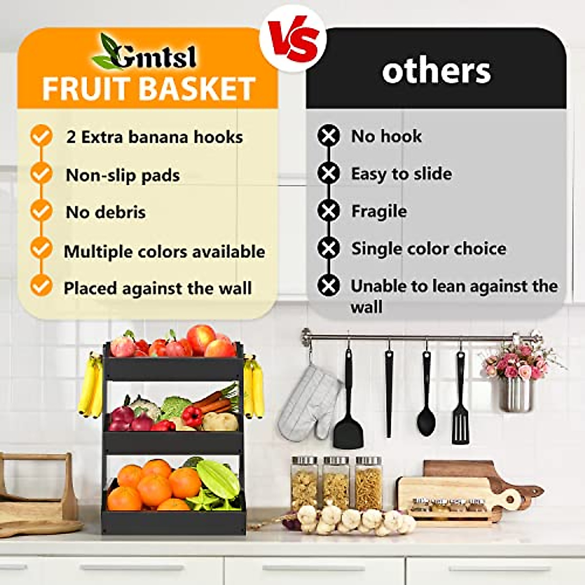 Gmtsl Bamboo Fruit Basket – 3 Tier Fruit Bowl For Kitchen Counter, Large Capacity Fruit Holder With 2 Banana Hangers, Idea For Fruit and Vegetable Storage, Bread Basket, Snack Organizer(BLACK)