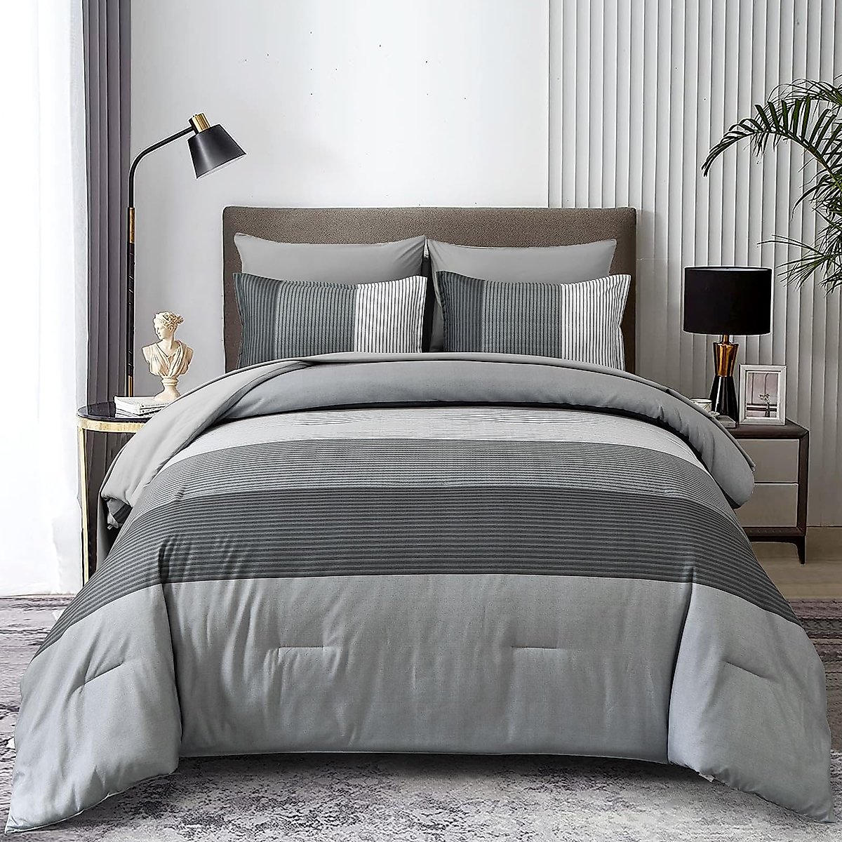 Grey Queen Comforter Set 7 Pieces, Ombre Striped Bed in a Bag Queen with Sheet Sheet, All Season Boho Patchwork Down Alternative Comforter Bedding Set