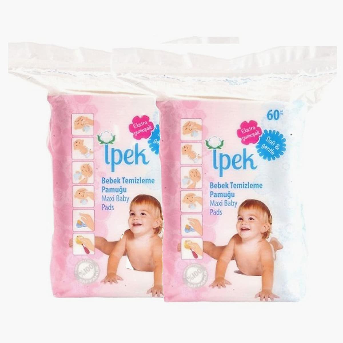İpek Baby Large Cotton Pads Dry Diaper Care - Nursing Pads 120 Count in 2 Bags - 120 Count, White (Maxi-120)
