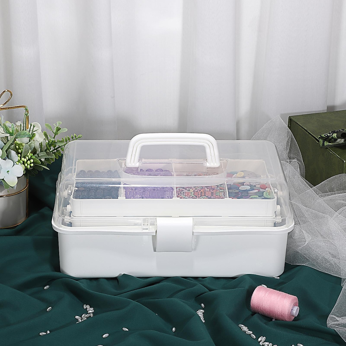 BTSKY 3-Layer Plastic Dividing Storage Box Craft Organizer and Storage with Adjustable Spacers Portable Handled Art Supply Organizer Multipurpose Home Utility Box for Medicine Box Sewing Box Organizer (Beige White)
