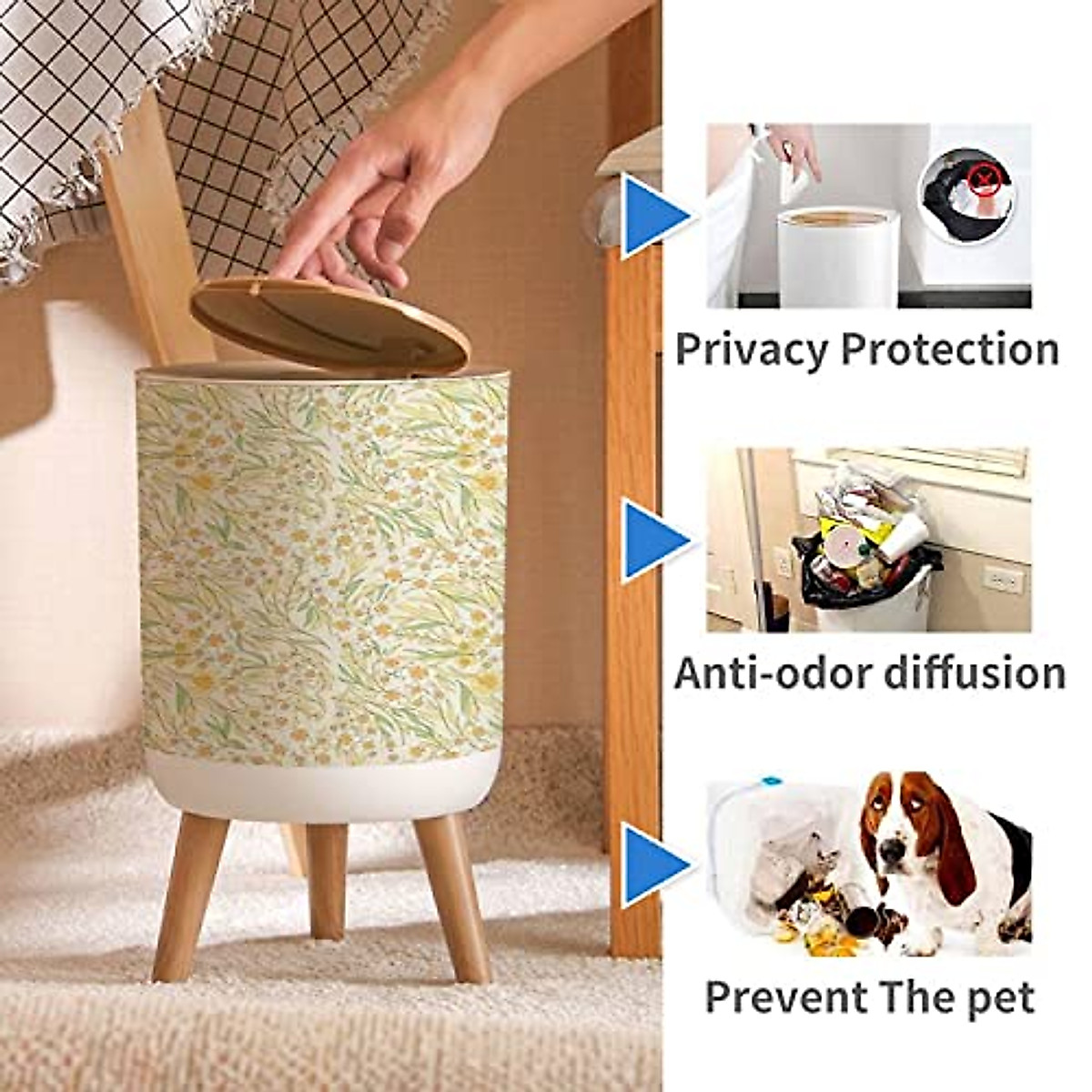 Trash Can with Lid Blooming Meadow Seamless Trendy Color for Fashion Wallpapers and Print Wood Small Garbage Bin Waste Bin for Kitchen Bathroom Bedroom Press Cover Wastebasket 7L/1.8 Gallon