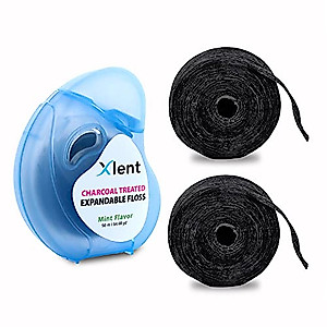Xlent Expandable Floss Treated Activated Charcoal, Xylitol Natural Based Wax Fresh Mint Flavor | 3 Count (1 50 m Floss Blue Container Plus 2 50 m Refill Bobbins), 3 Count (1 Blister Card+2 Refill)