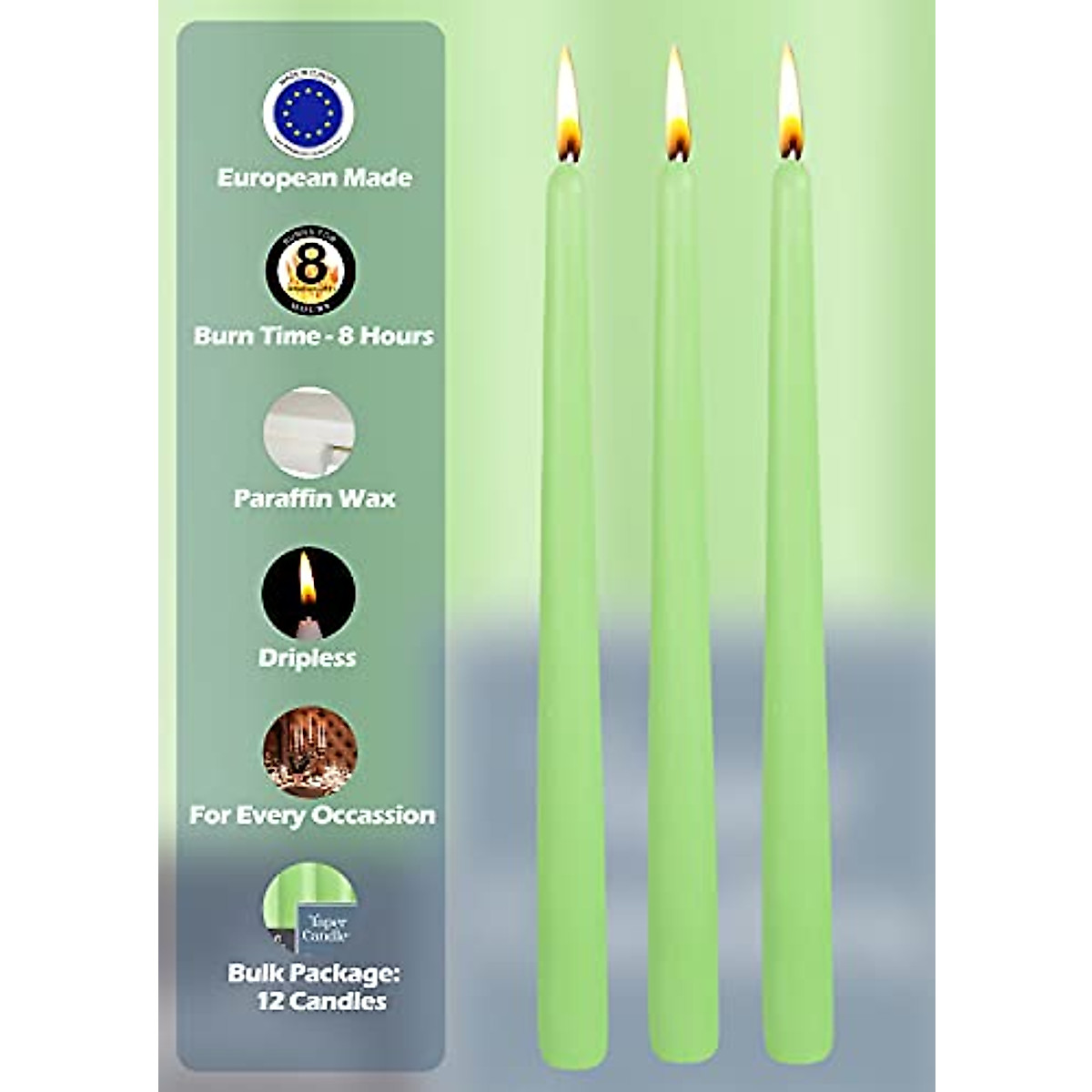 Hyoola 12 Pack Tall Taper Candles - 10 Inch Celery Green Dripless, Unscented Dinner Candle - Paraffin Wax with Cotton Wicks - 8 Hour Burn Time