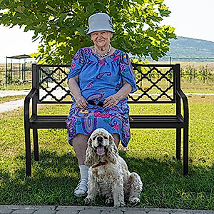 Tangkula Outdoor Steel Garden Bench, Patio Park Bench w/Iron Casted Seat, Armrest & Backrest, Outdoor Welcome Bench Chair Furniture Suitable for Garden Patio Yard