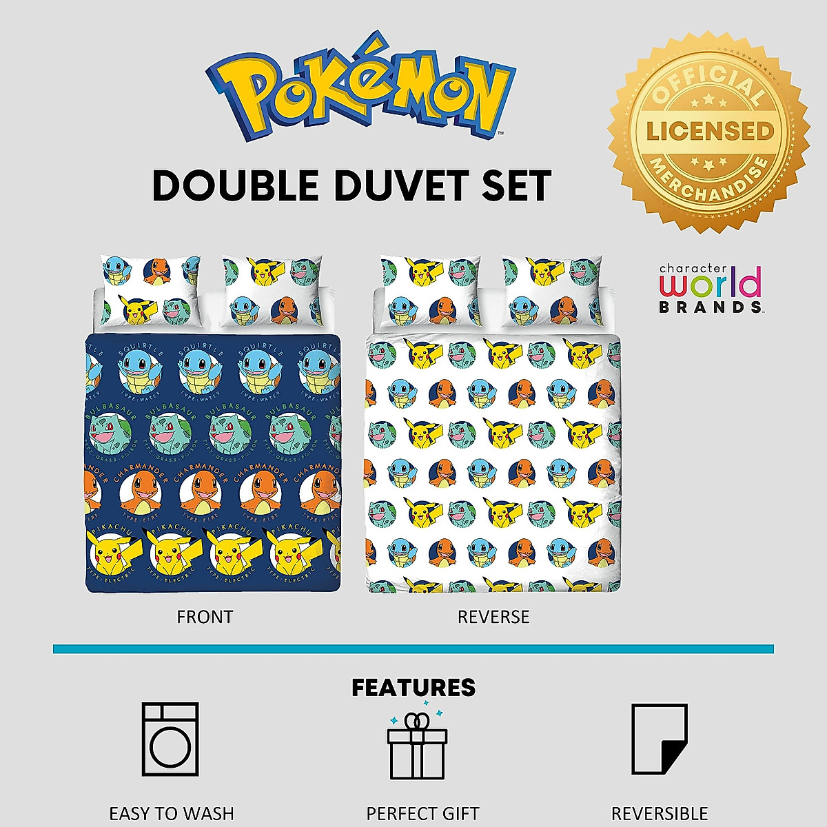 Character World Pokemon Official Double Duvet Cover Set, Gotta Design | Blue Reversible Pikachu Squirtle Charmander 2 Sided Bedding Cover Official Merchandise Including Matching Pillow Cases
