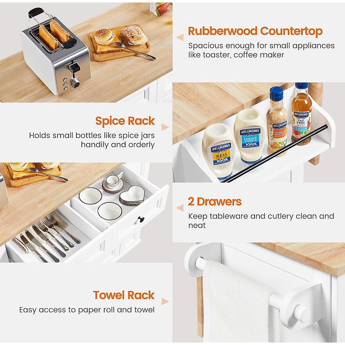 Yaheetech 52"W Kitchen Island with Drop-Leaf Breakfast Bar and 2 Pull-outs, Kitchen Cart on Lockable Wheels with Rubberwood Top & 2 Drawers & Adjustable Shelves, Storage Cabinet for Dining Room, White