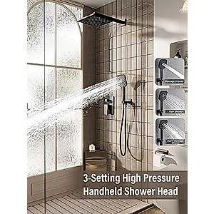 Gabrylly Shower System, 10 Inches Rain Shower Heads with Handheld Spray Combo, Wall Mounted Shower Faucets Sets Complete with Shower Valve Kit, Shower Head and Handle Set, Matte Black