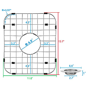 4 Pack Sink Protectors for Kitchen Sink with Center Drain Hole, 13.7"x11.6" Stainless Steel Kitchen Sink Bottom Grid 2pcs with 2pcs Sink Strainers (Silver)
