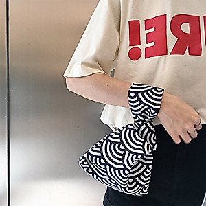 Chezi Women's Japanese Texture Plaid Pattern Cotton Knot Bag Small Size Canvas Tote (fan)