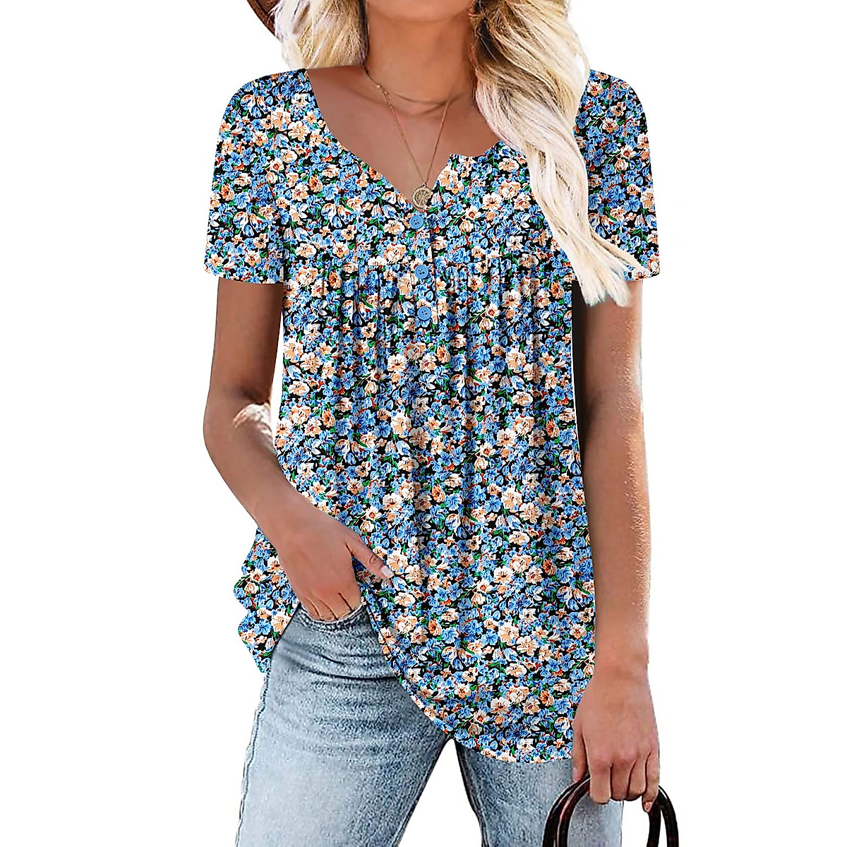 ROSELINLIN Womens Tops Blue Short Sleeve Summer Shirts V Neck Floral Pull Over Ladies Tops XL