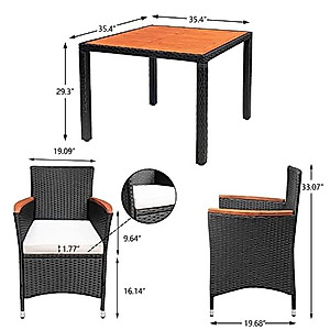 Devoko 5 PCS Furniture, Patio Conversation Set with Acacia Wood Top, Rattan Outdoor Dining Table and Chairs for Backyard, Garden, Deck, Black