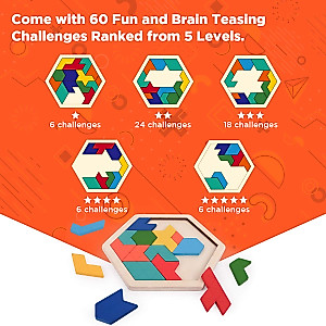 Wooden Hexagon Tangram Puzzle for Kids Adults, Geometric Shape Pattern Blocks, 3D Logic IQ Game, 60 Brain Teaser Challenges, STEM Montessori Educational Toy, Travel Games for Road Trip