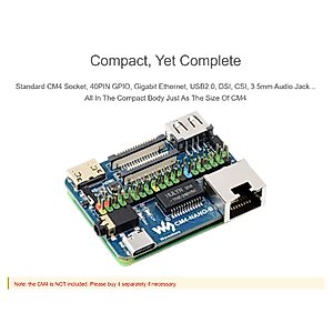 Nano Base Board (B) for Raspberry Pi Compute Module 4, Same Size as CM4, with Standard CM4 Socket, Raspberry Pi 40PIN GPIO, Gigabit Ethernet, USB2.0, DSI, CSI, HDMI, 3.5mm Audio Jack etc.