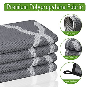 Easy-Going Reversible Outdoor Rugs 6x9ft Waterproof Plastic Straw Rug Stain & UV Resistant Floor Mat for Patio Porch RV Backyard Pool Deck Picnic Beach Trailer Camping (Moroccan Grey & Light Grey)