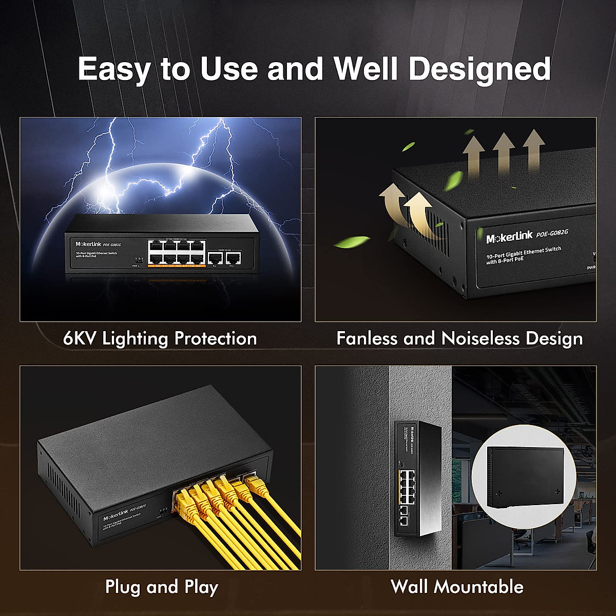 MokerLink 10 Port Gigabit PoE Switch, 8 GE PoE+, 2 GE Uplink, 10/100/1000Mbps, 120W 802.3af/at PoE, Fanless Plug & Play Ethernet Switch