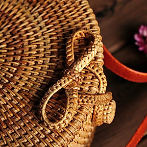 Kbinter Handwoven Round Rattan Straw Bag for Women Shoulder Leather Button Straps Natural Chic Handmade Boho Bag Bali Purse (Bow-Tie)