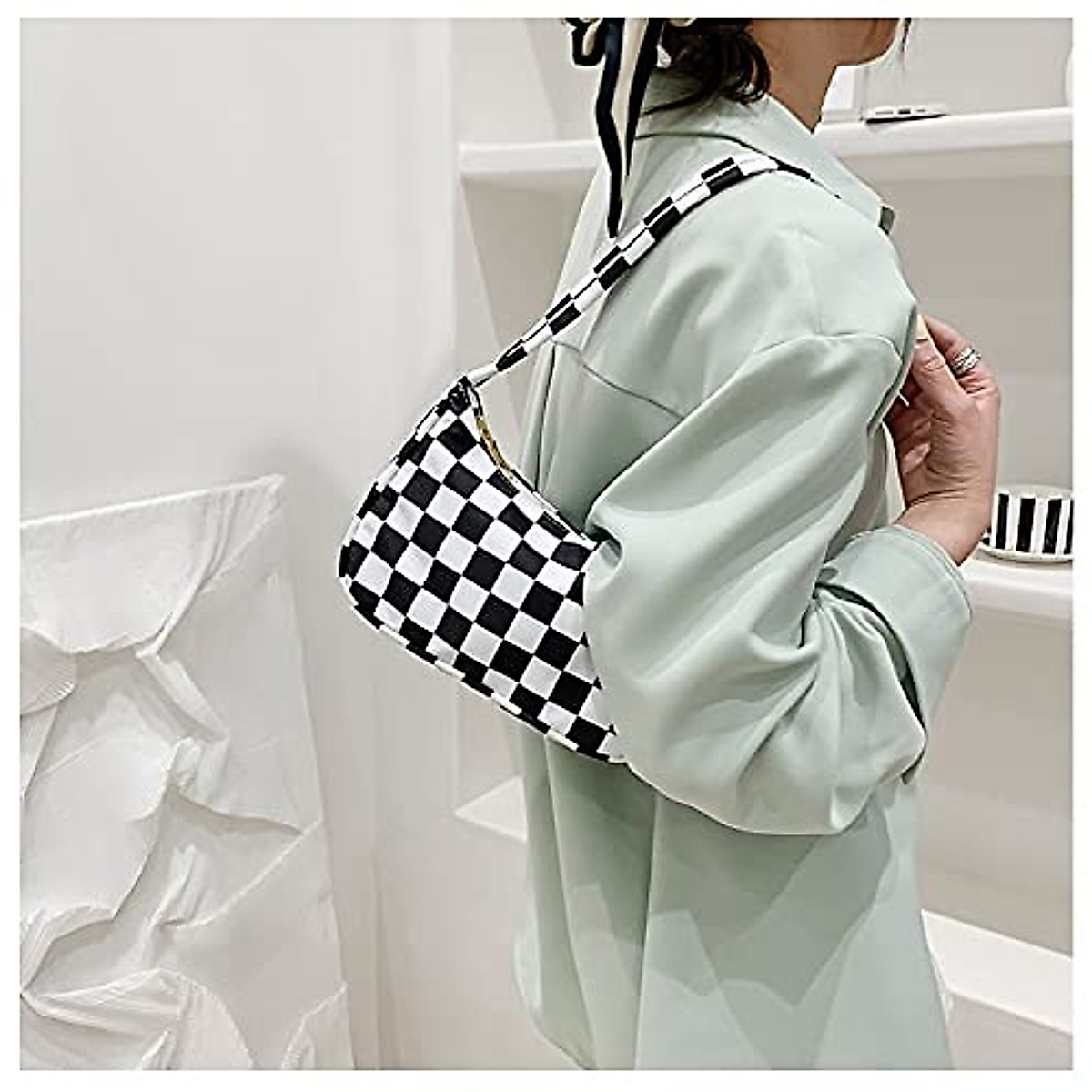 ZEHO Checkerboard Nylon Shoulder Bag Stylish Underarm Handbag Cute Retro Mini Shoulder Bag Trendy Clutch Purse 90s Y2k Bags, Black and White Checkerboard