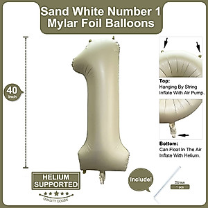 40 Inch Cream Sand White Number 1 Balloon Large Size Jumbo Digit Mylar Foil Helium Balloons for Birthday Party Celebration Decorations Graduation Anniversary Baby Shower Photo Shoot