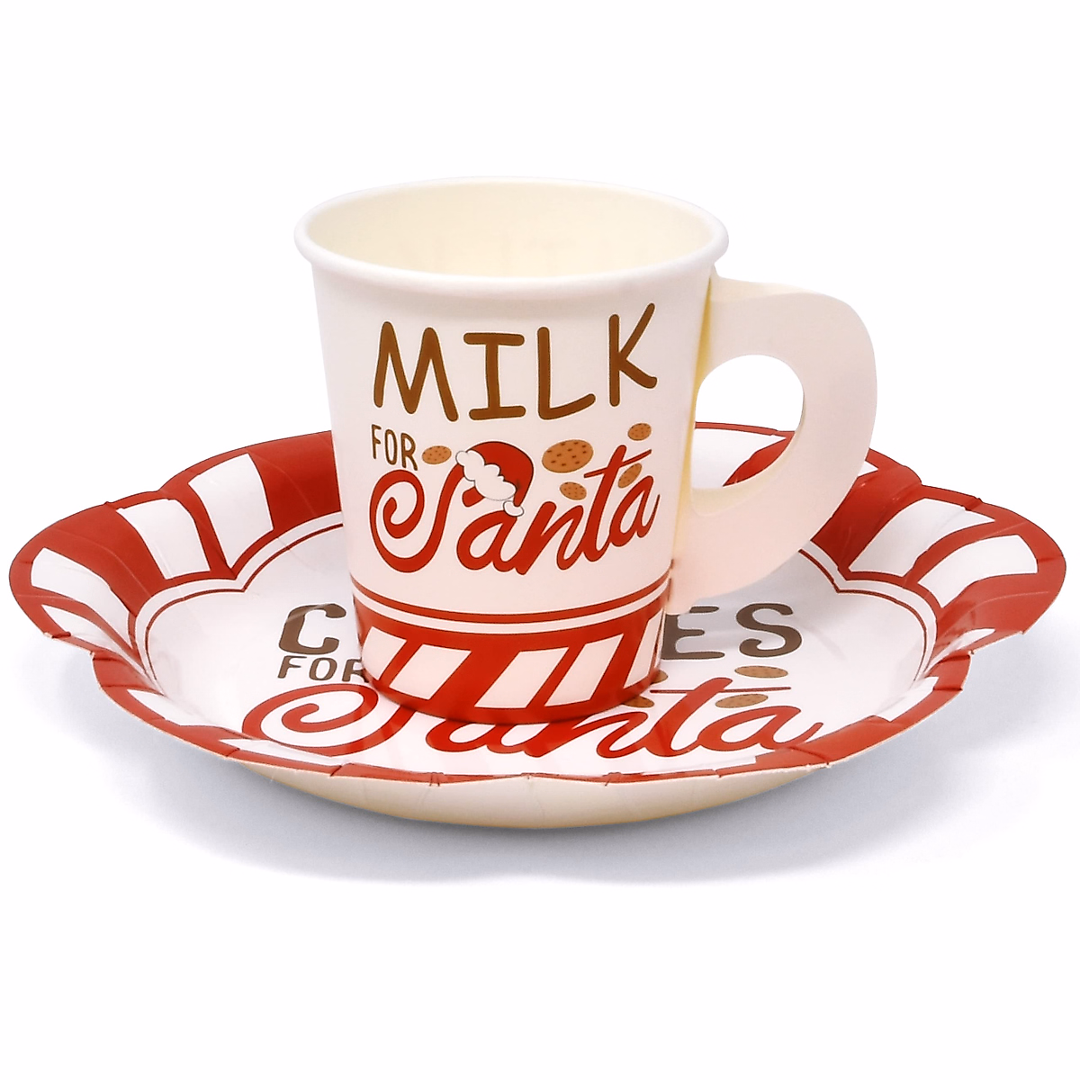 Gift Boutique 24 Disposable Xmas Santa Milk & Cookies Cup & Saucers Set 7 Oz Paper Mug with Handle 7" Scallop Shaped Saucer Plate for Tea Hot Cocoa Chocolate Coffee Mugs Holiday Xmas Dinner Supply