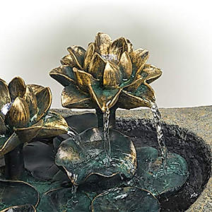 Alpine Corporation 30" Tall Outdoor Pedestal Lotus Rock Waterfall Fountain with LED Lights, Brown/Gray