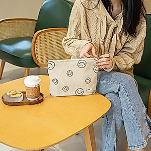 GUTGNK Makeup Bag For Women - Corduroy Cosmetic Bags Aesthetic Design Ladies Tote Bag,Women's Pencil Case,Cute Smiley Face Makeup Organizer with Zipper (Beige)