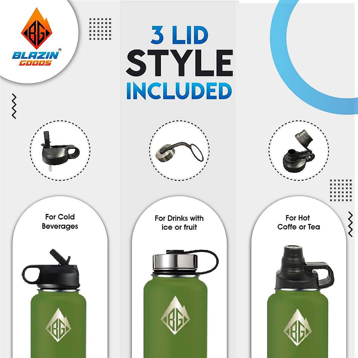 Blazin Goods Stainless Steel, Leak Proof, Vacuum Insulated Stainless Steel, Double Walled Water Bottle | 3 Lids, 2 Straws, 1 Wire cleaning brush (Olive/Drab, 32 Oz)