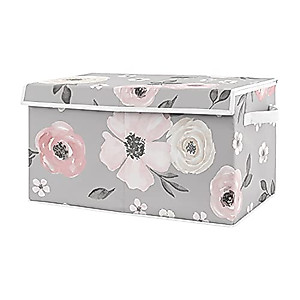 Sweet Jojo Designs Grey Watercolor Floral Girl Small Fabric Toy Bin Storage Box Chest For Baby Nursery or Kids Room - Blush Pink Gray and White Shabby Chic Rose Flower Farmhouse