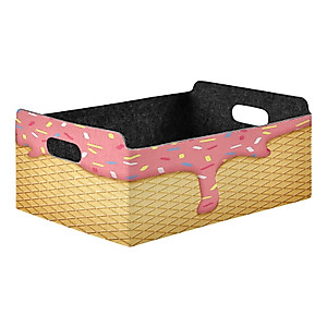 Kigai Ice Cream Cone Storage Basket, Foldable Open Storage Bins with Double Handle, Felt Storage Boxes for Office Desk, Rectangular Closet Organizer Containers for Home Bedroom