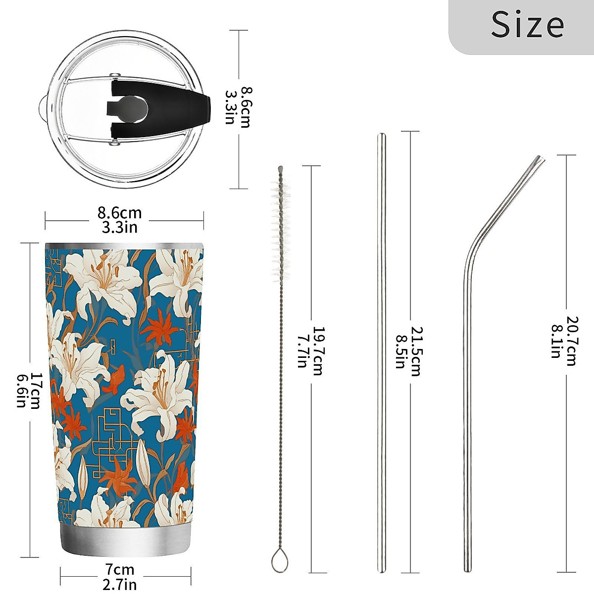 sanluoli Flat Geometric Pattern Lily Colorful Stainless Steel insulated coffee cup with Straw Leak Resistant Flip mug for hot drinks for outdoor reusable tumbler with lid and straw 20 OZ