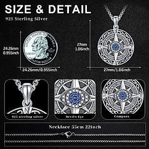 Midir&Etain Evil Eye Necklace S925 Sterling Silver Compass Necklace Life Compass Travel Pendant Evil Eye Amulet Inspirational Graduation Gift Jewelry Men Women