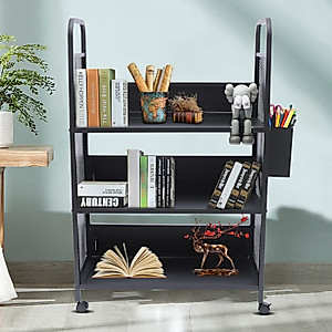 DDBESSIC Rolling Book Cart, 3 Tier Book Rack Storage Bookshelf with 3 Flat Shelves, Movable Bookcase with Wheels Utility Organizer Cart Side Literature Rack