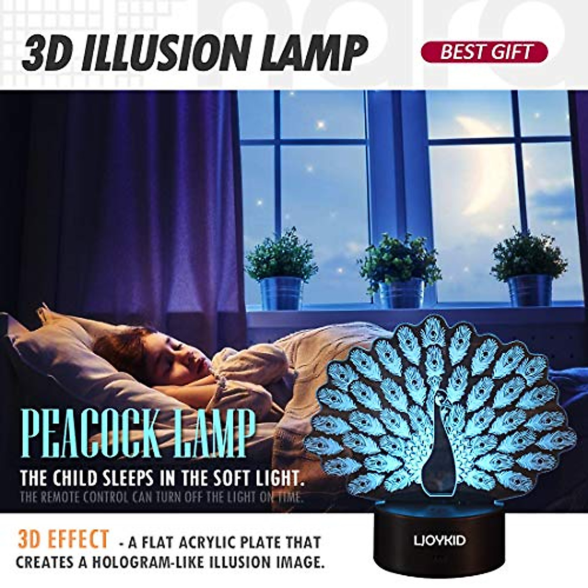 LJOYKID 3D Led Night Light Lamps - Optical Illusion 7 Colors Touch Table Desk Visual Lamp with Remote Control for Gifts for Children Kids (Peacock)
